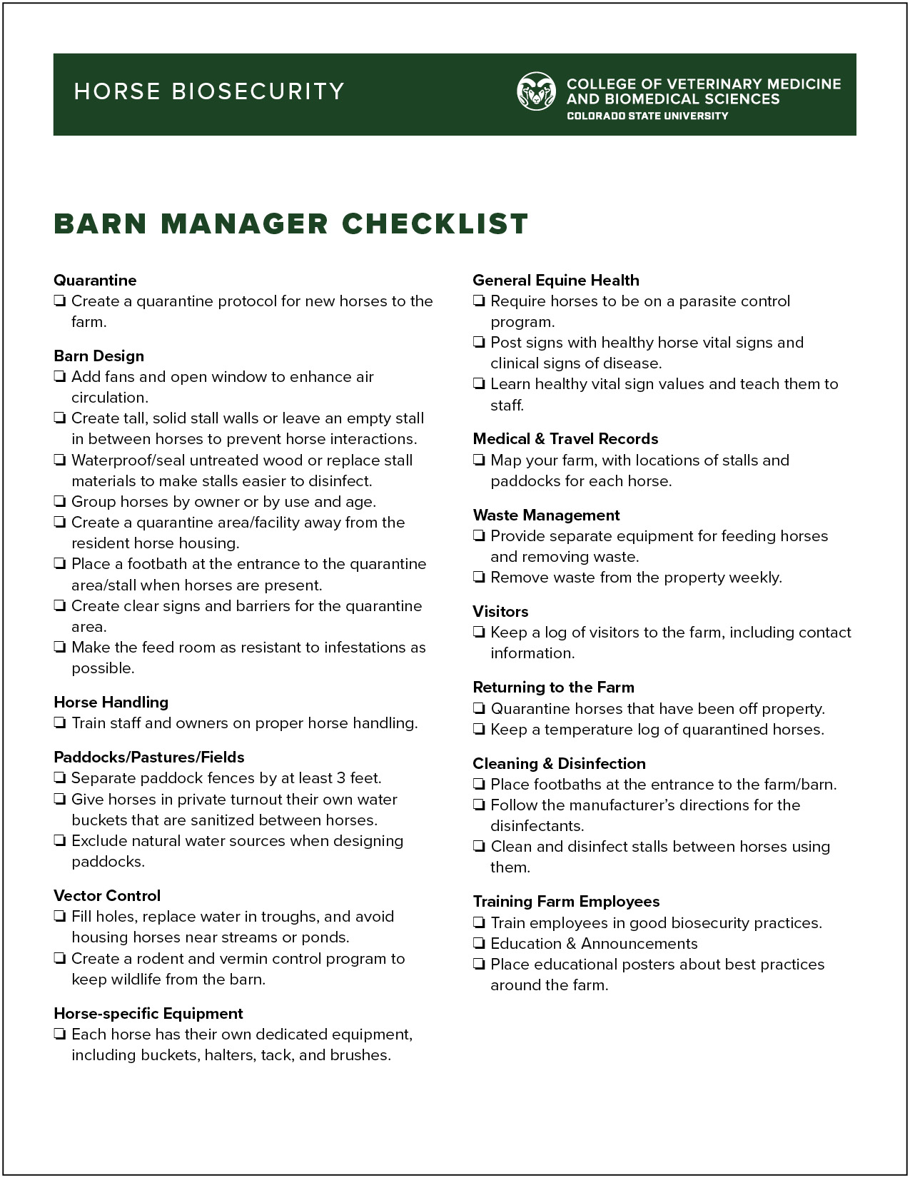 Biosecurity Checklist for Barn Managers | Animal Biosecurity | Colorado ...